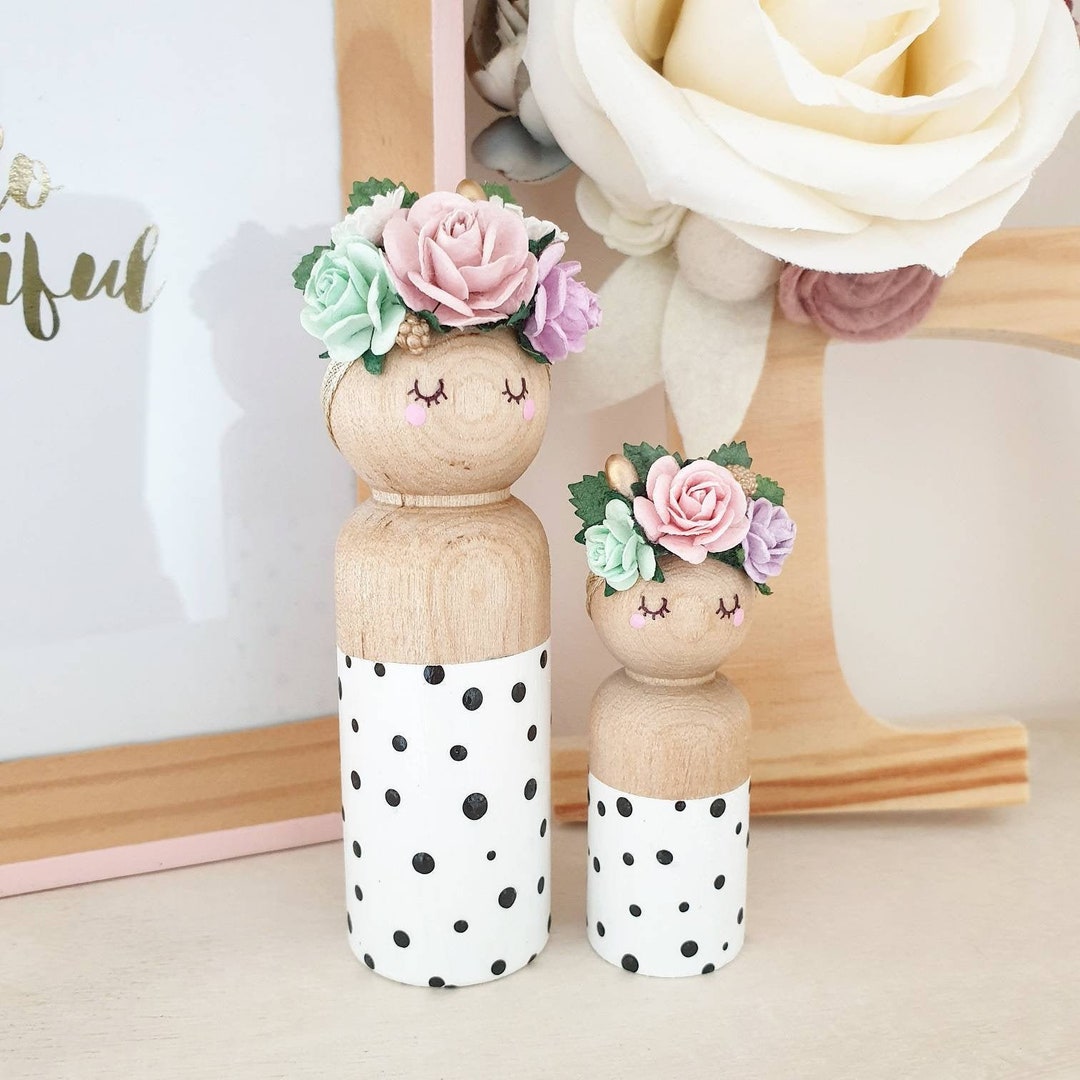 Monochrome Flower Crown Peg Dolls - Mom and Girl - New Baby - Mothers ...