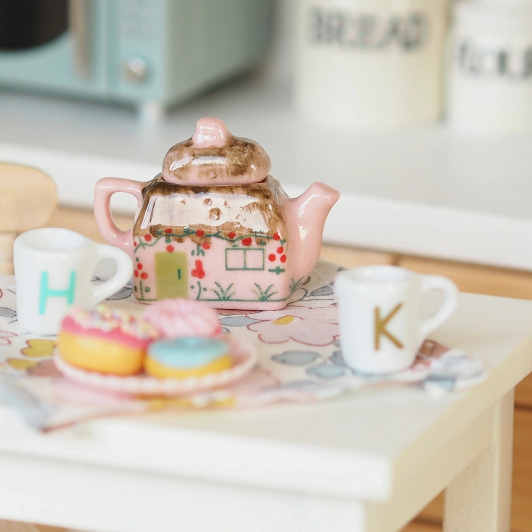 Miniature Pink Cottage Teapot - Dollhouse Teapot - Miniature Tableware ...