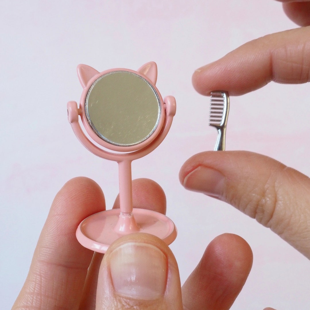 Miniature Mirror - Dollhouse Mirror - Pink Cat Vanity - Miniature Comb ...