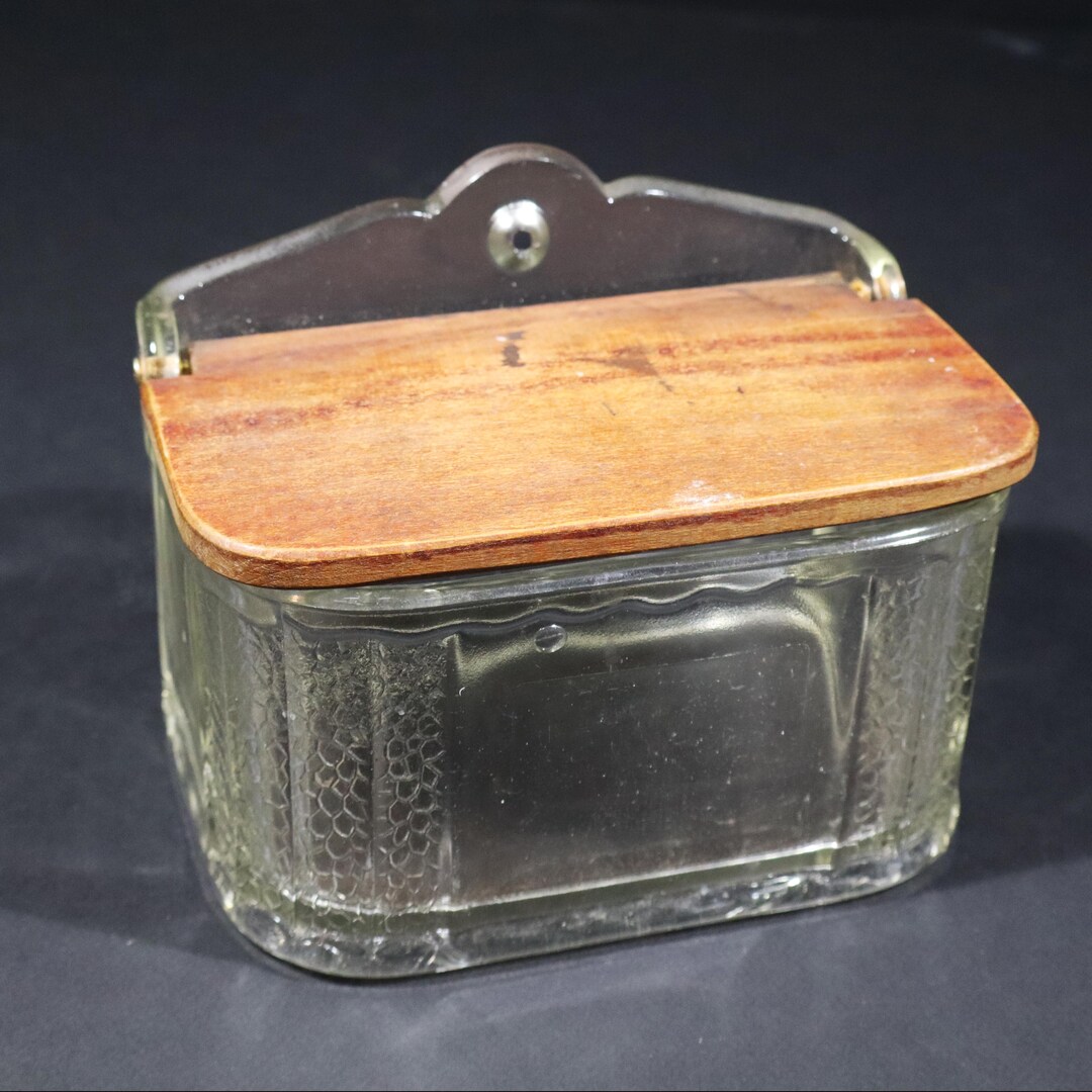 Vintage French Salt Box Glass Canister Wall Hanging Kitchen Storage ...
