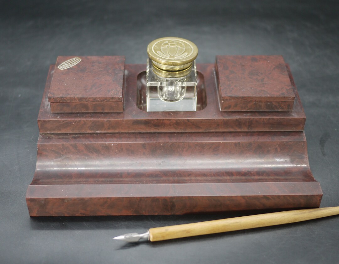 Art Deco Bakelite and Crystal Double Inkwell Pen Rest - Etsy
