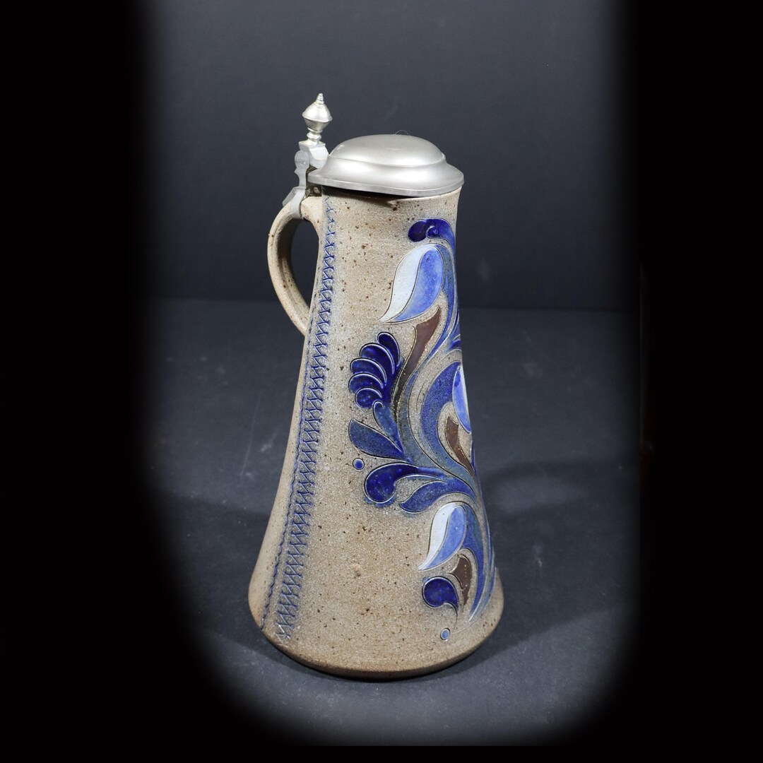 Vintage German Stoneware Large Carafe With Pewter Lid Salt Glazed ...