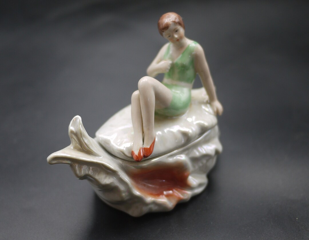 Art Deco Porcelain Bathing Beauty Box, German Porcelain Lady Jewel Box ...
