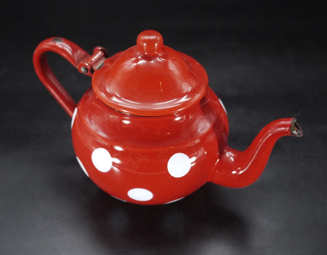 Vintage French Red Polka Dot Enamel Teapot and Cup S/5 - Etsy