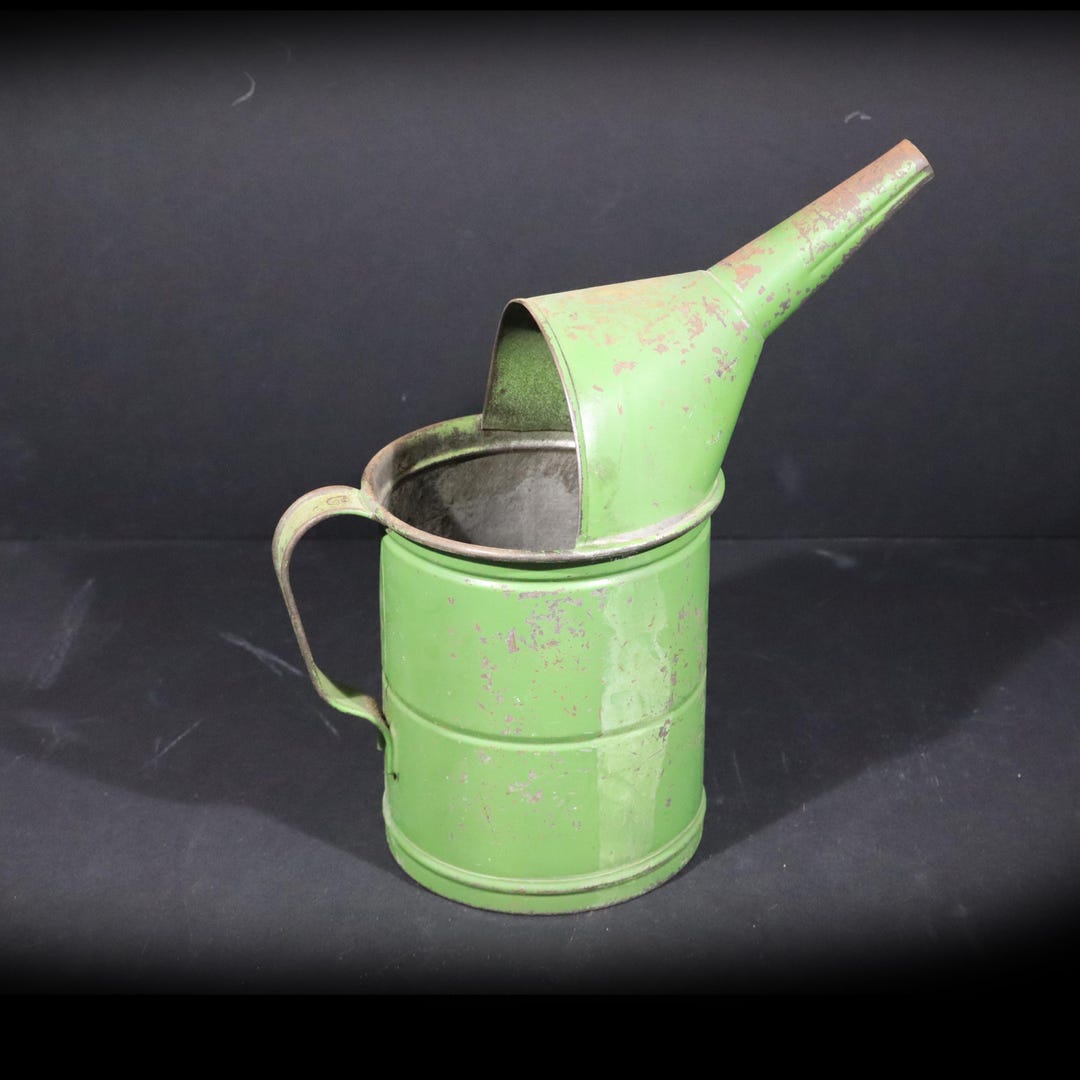 Antique Oil Tin Pourer Jug Vintage Green Metal Oil Can With Spout Guard ...