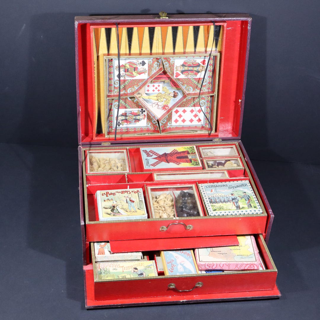 Antique French Games Box Compendium, Dexterity Puzzles & Board Games - Etsy