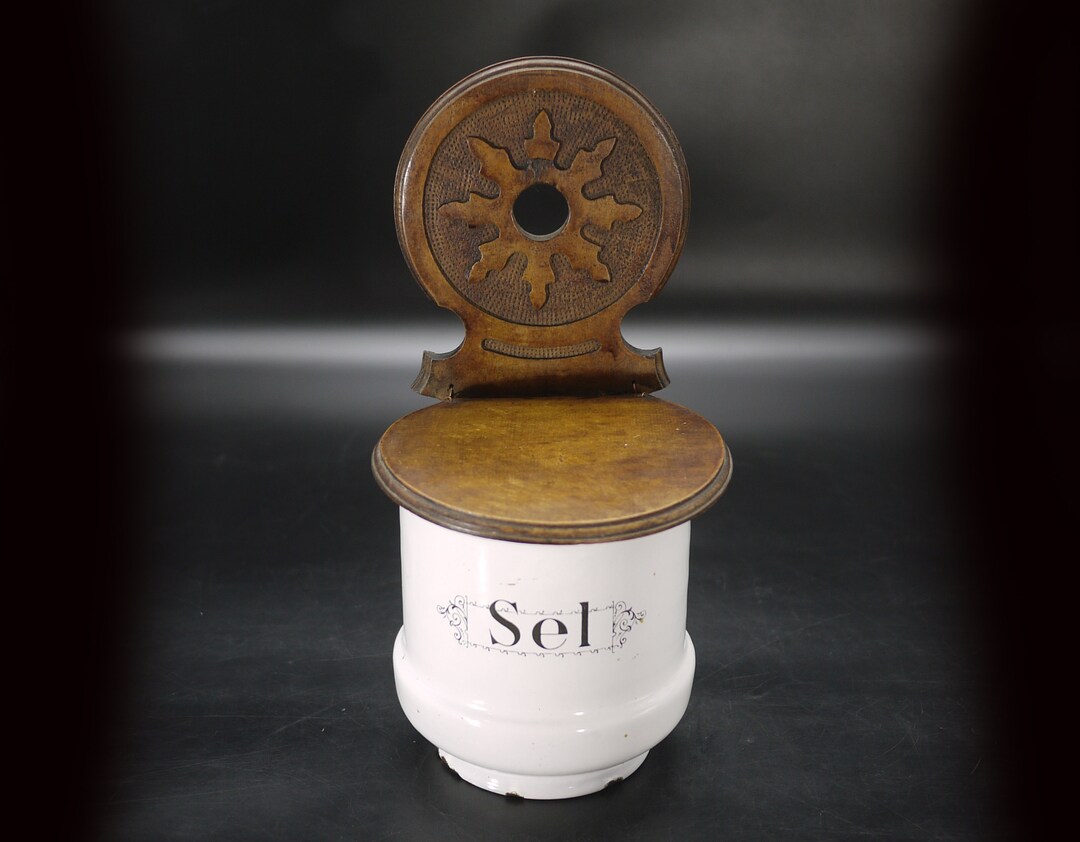 French Antique Salt Box White Enamel Kitchen Canister With Carved Wood ...