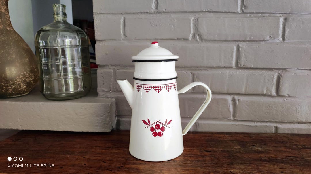 French Vintage White Enamel Drip Coffee Pot With Red Decor, Country ...