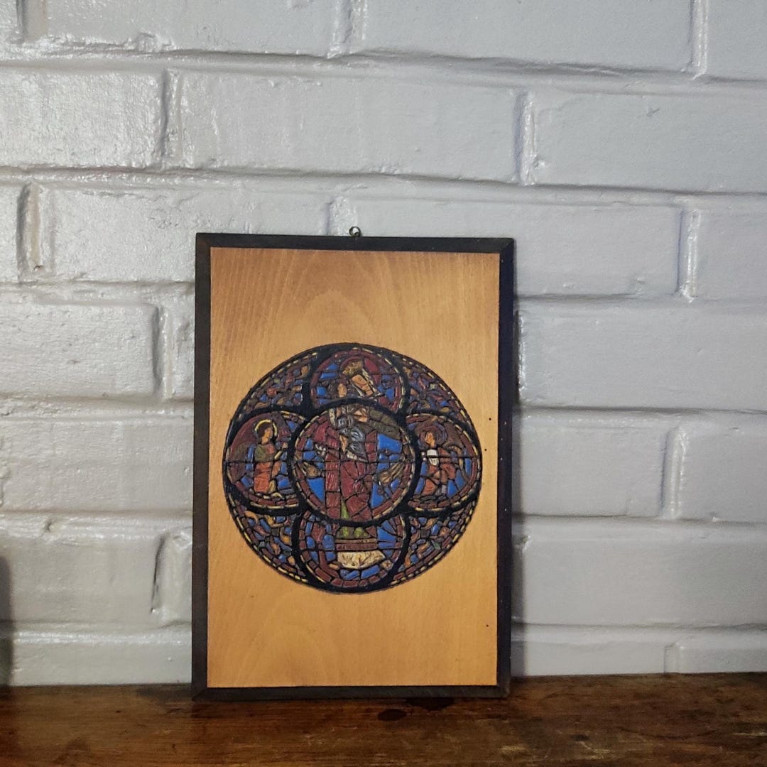 Vintage Religious Bas Relief Painting on Wood, Stained Glass Windows of ...