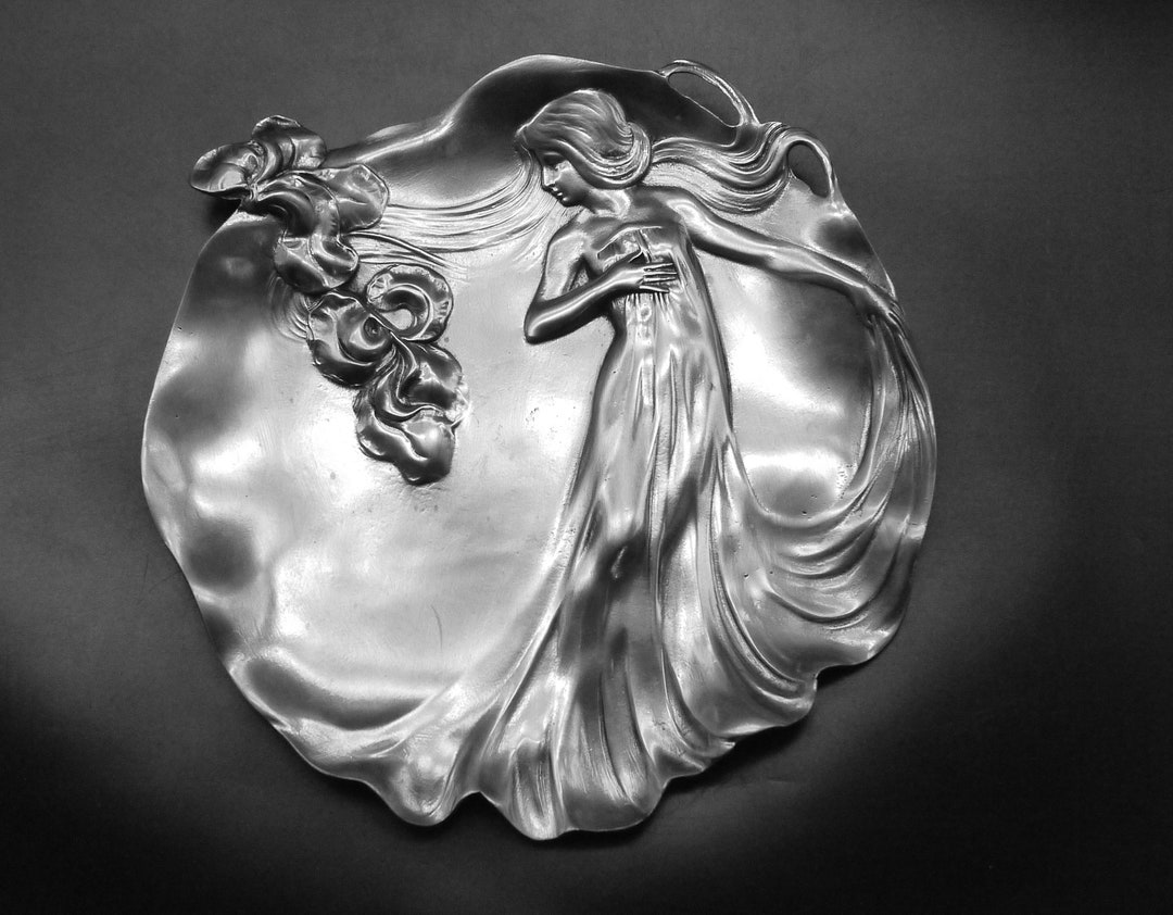 Art Nouveau Pewter Vanity Desk Tray Decorative Maiden and Iris Wall ...