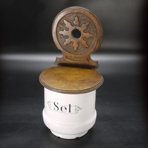 French Antique Salt Box White Enamel Kitchen Canister With Carved Wood ...