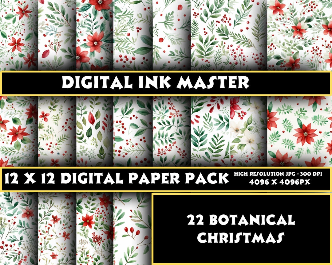22 Christmas Botanical Digital Paper, Scrapbook Patterns, Printable ...