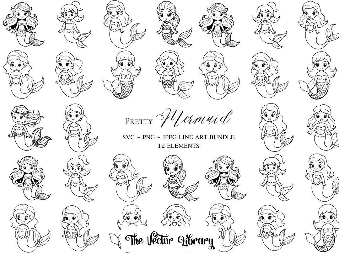 Cartoon Cute Mermaid Line Art 12 Files SVG Bundle, Magical Fairytale ...