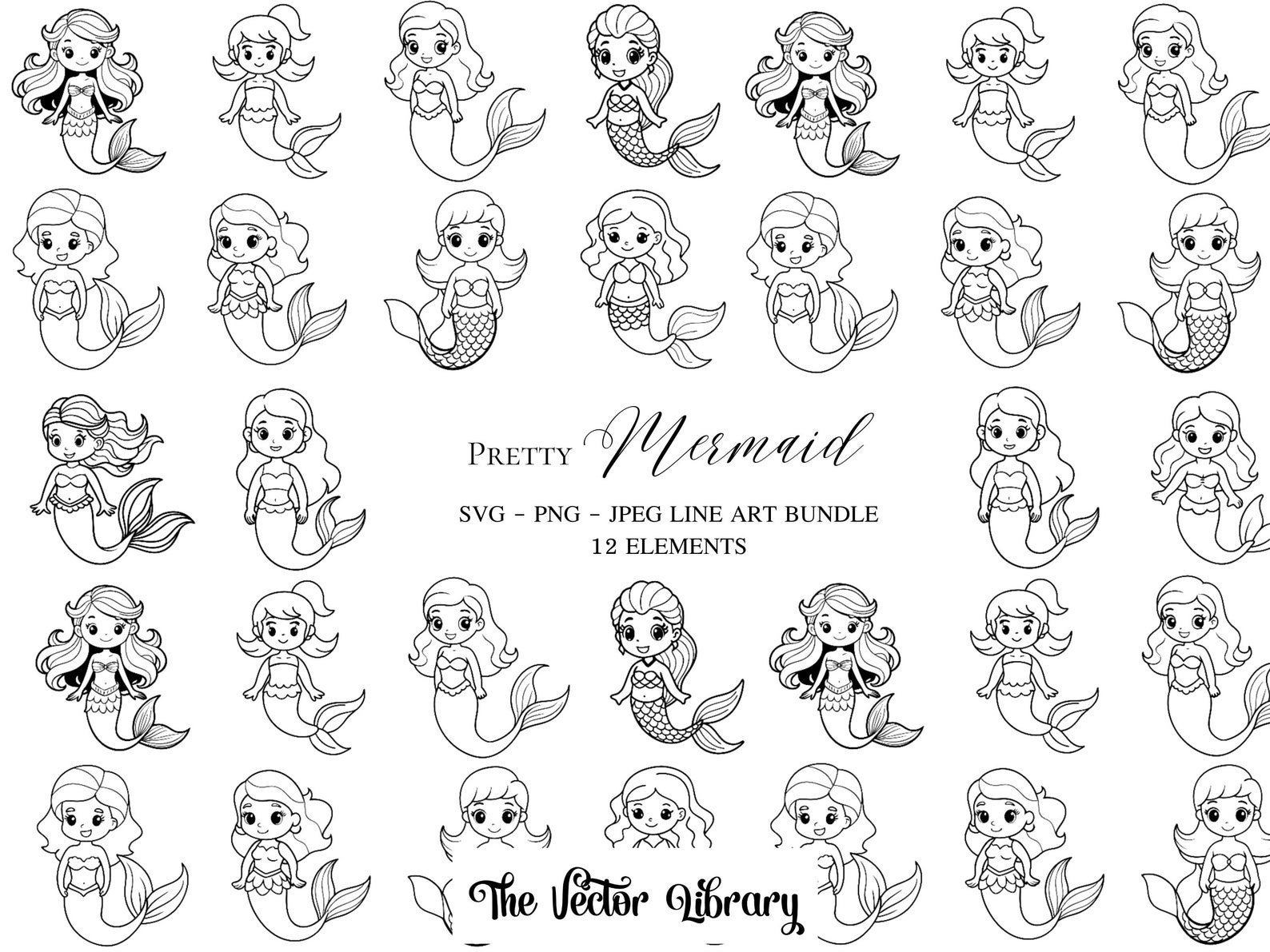Cartoon Cute Mermaid Line Art 12 Files SVG Bundle, Magical Fairytale ...