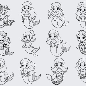 Cartoon Cute Mermaid Line Art 12 Files SVG Bundle, Magical Fairytale ...