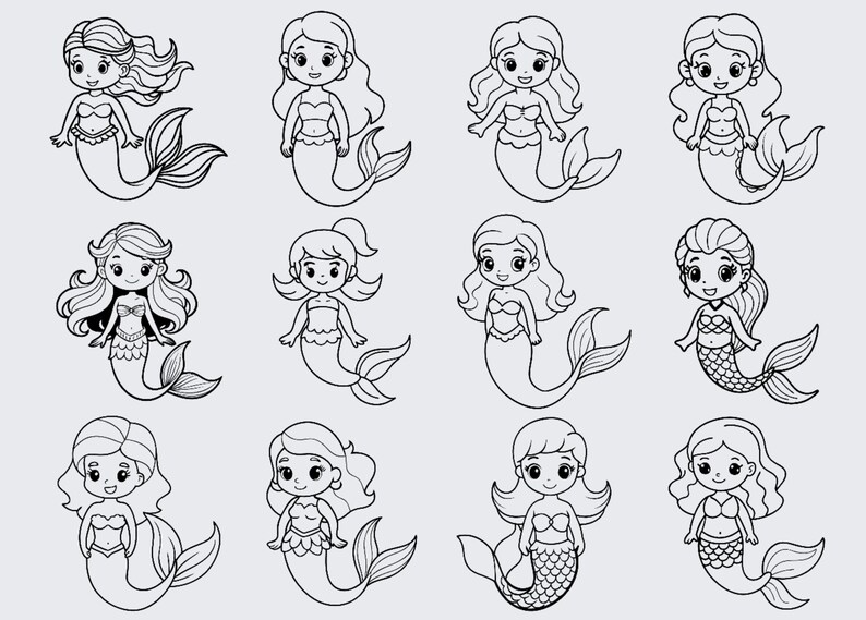 Cartoon Cute Mermaid Line Art 12 Files SVG Bundle, Magical Fairytale ...
