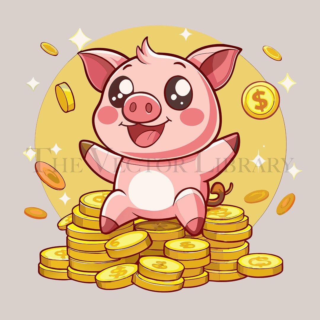 Wealthy Piglet With Gold Coins Pink Piggy and Money Pile Piggy Bank ...