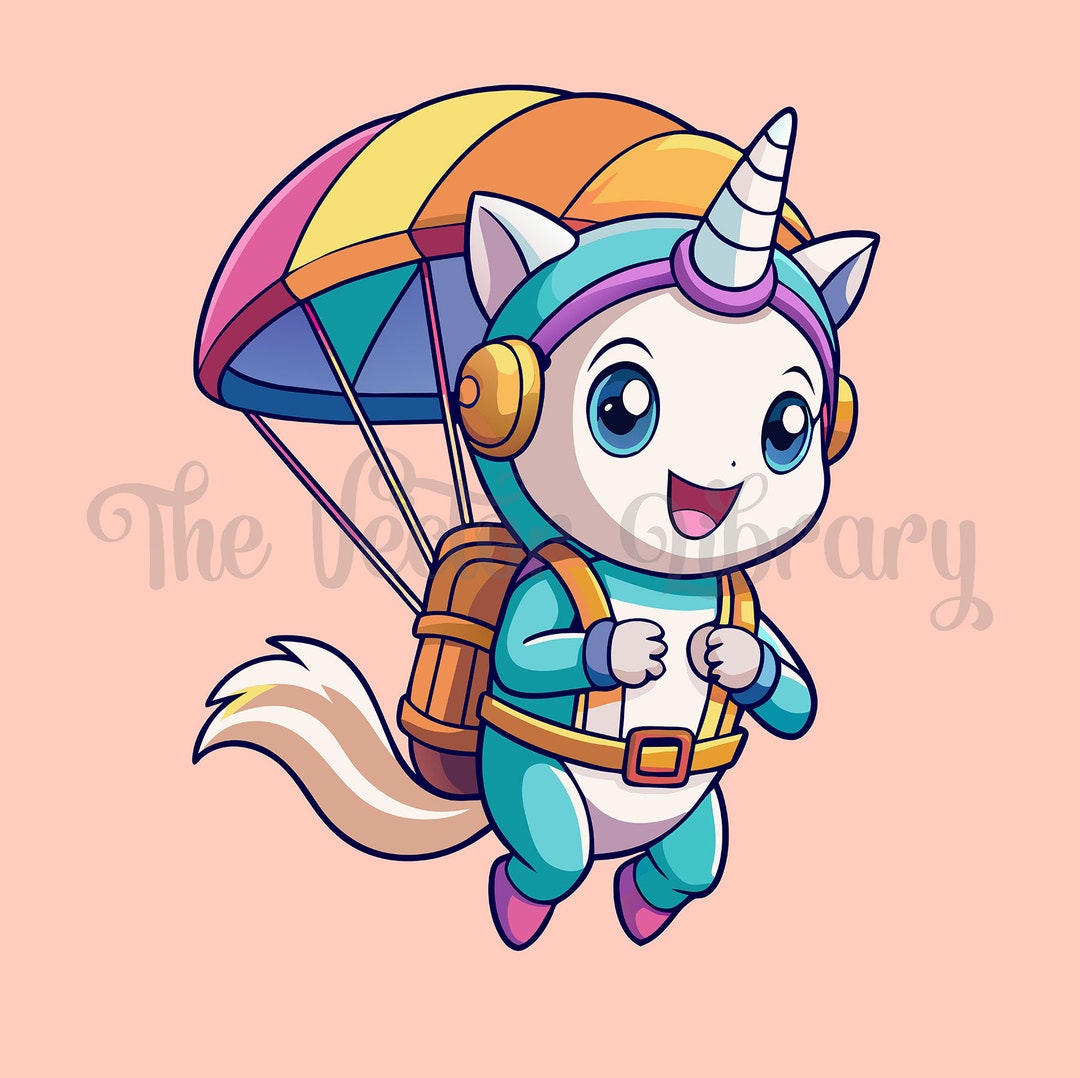 Cute Unicorn Skydiving Clipart, Cute Parachuting Vector, Chibi Unicorn ...