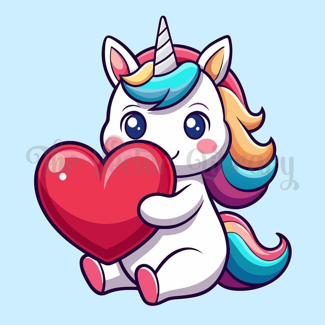 Unicorn Embracing Heart Love Clipart, Cute Unicorn With Big Red Heart ...
