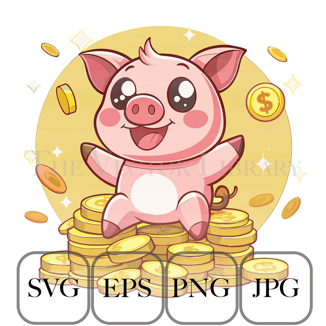 Wealthy Piglet With Gold Coins Pink Piggy and Money Pile Piggy Bank ...
