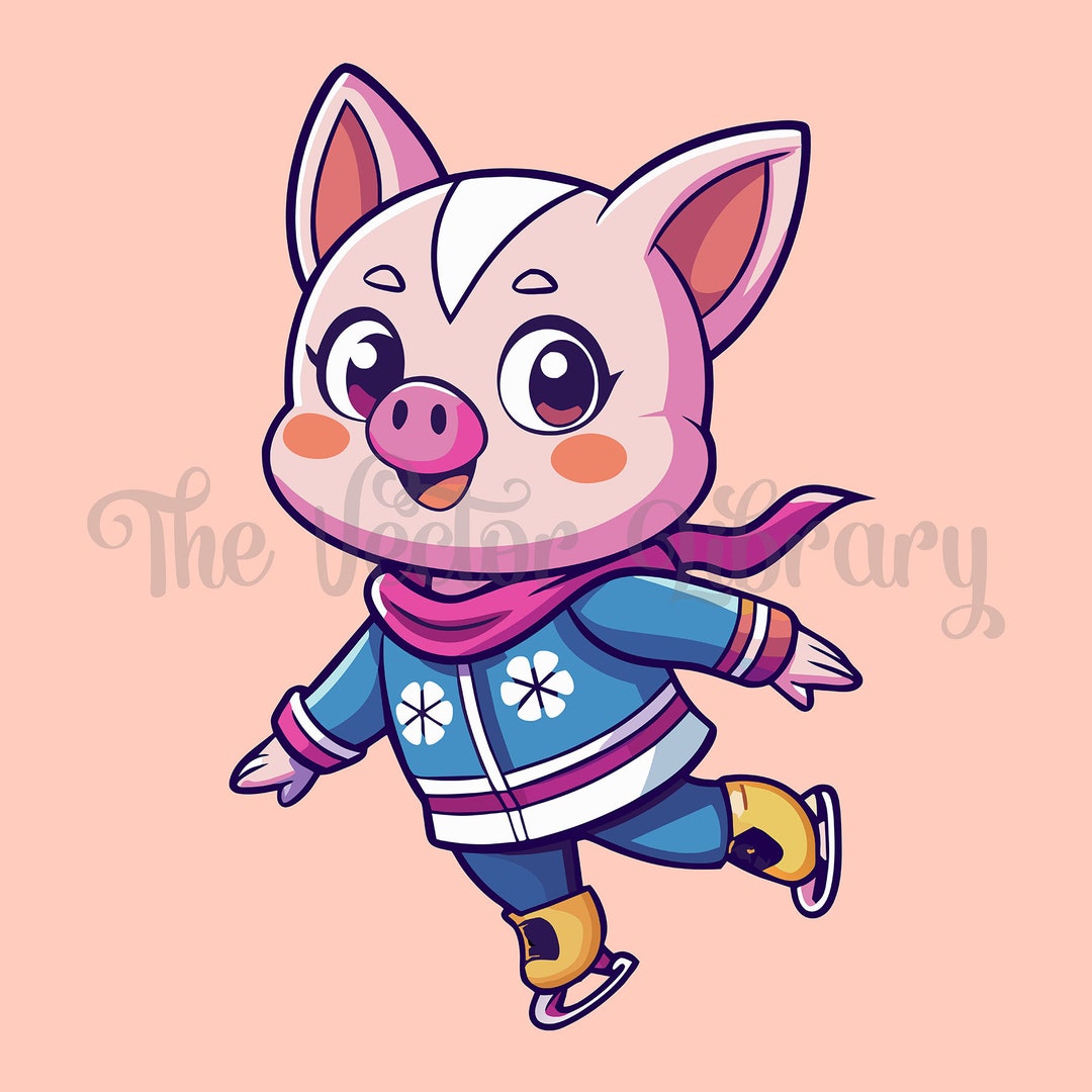 Cartoon Pig Ice Skating Clipart, Chibi Piglet on Ice Skates, Practicing ...