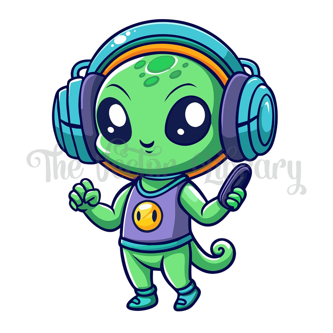 Green Space Alien Listening to Music With Headphones Alien DJ With ...