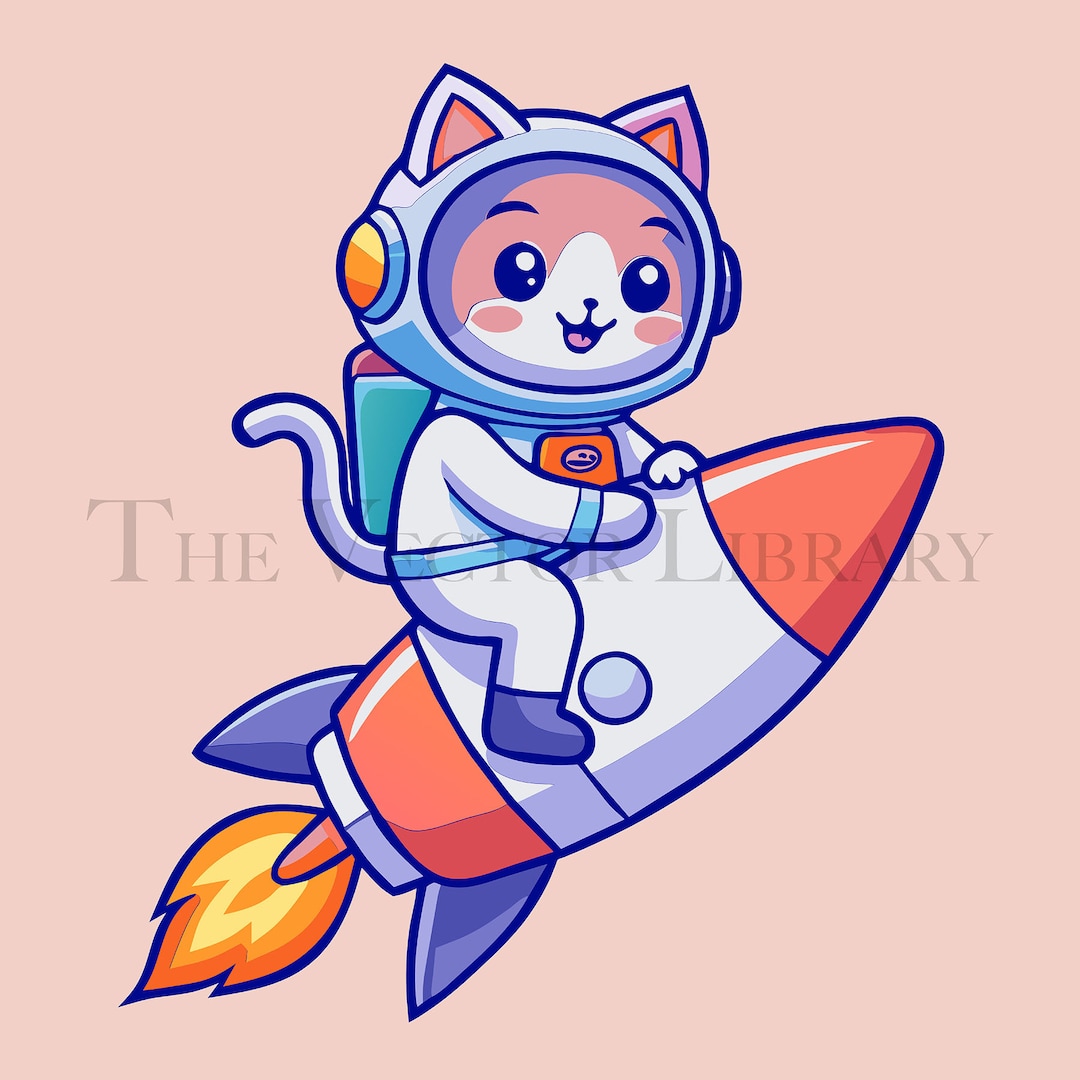 Cat Astronaut on Rocket Ship Clipart for Space, Cute Kitten Explorer in ...