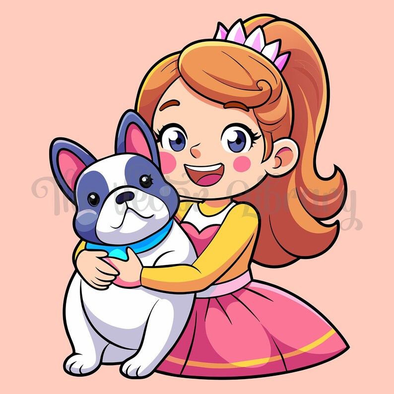 Girl and French Bulldog Princess Clipart,cute Child and Dog Bonding ...