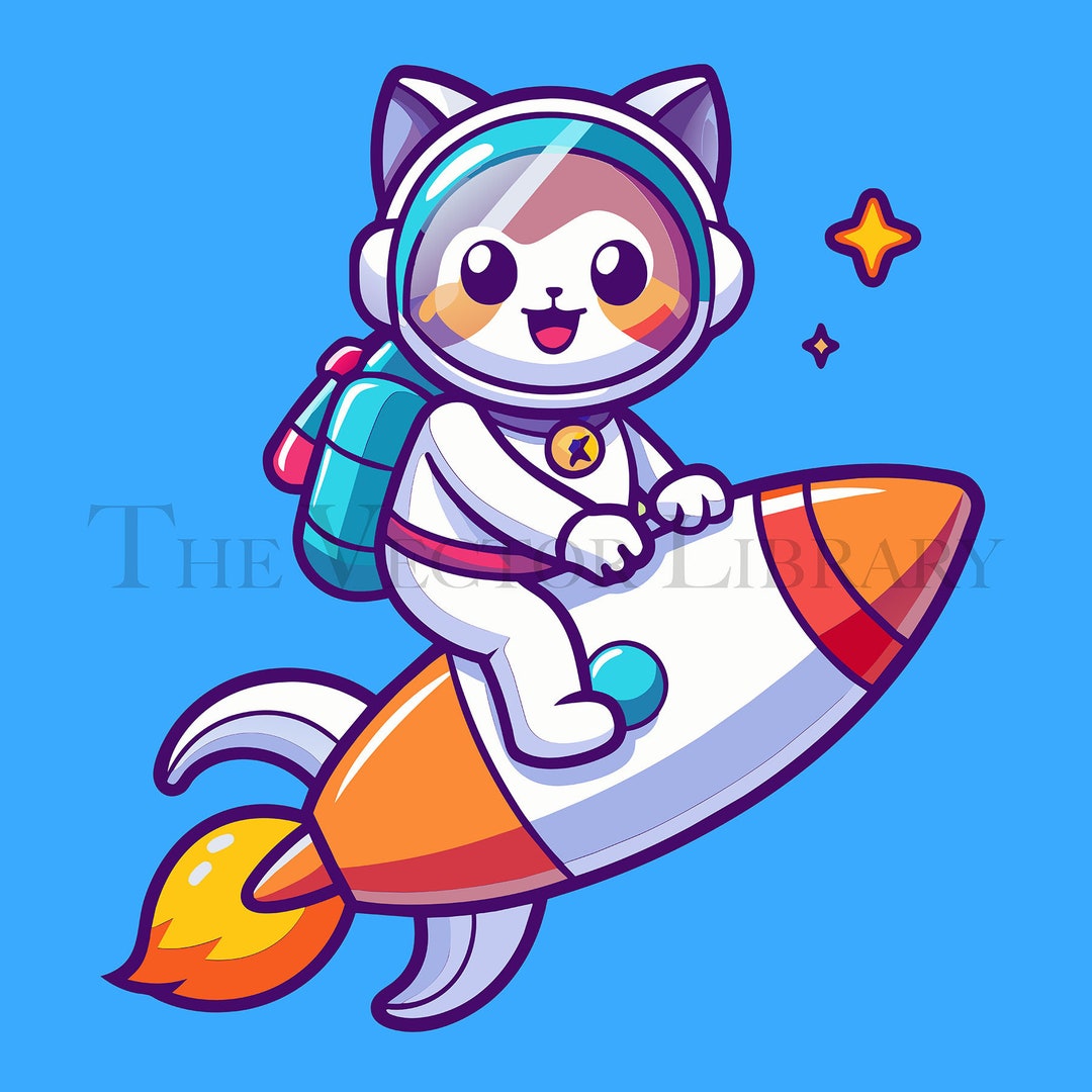 Cat Astronaut on Rocket Ship Clipart for Space, Cute Kitten Explorer in ...