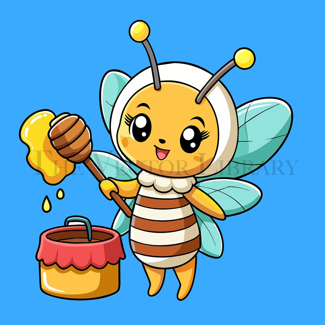 Cute Honeybee With Honey Dipper, Cartoon Bee Cooking Honey, Bee With ...