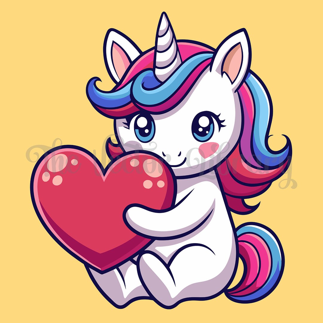 Unicorn Embracing Heart Love Clipart, Cute Unicorn With Big Red Heart ...