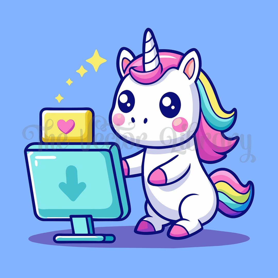 Unicorn Using a PC Clipart,rainbow Unicorn Working on a Computer ...