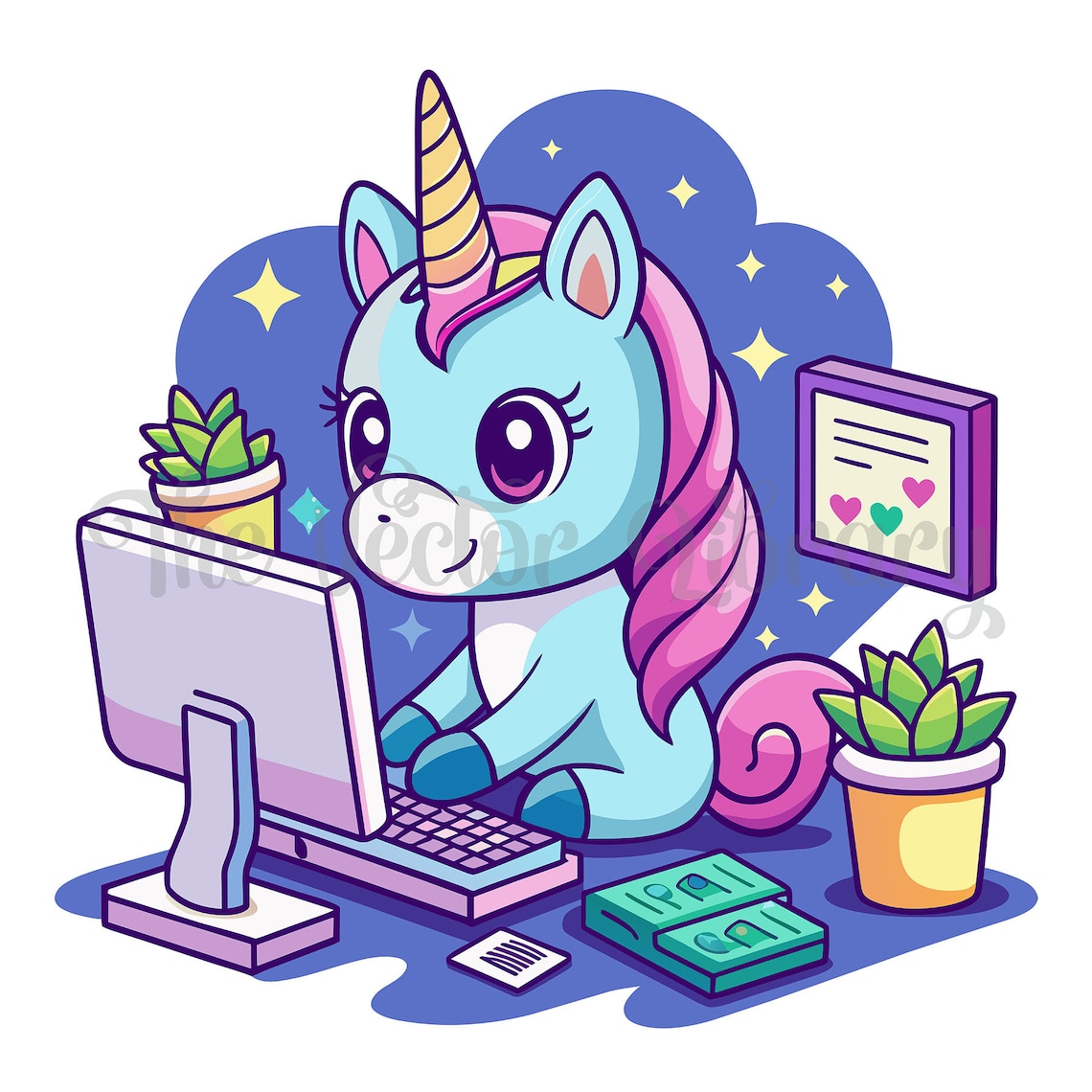 Unicorn Using a PC Clipart,rainbow Unicorn Working on a Computer ...