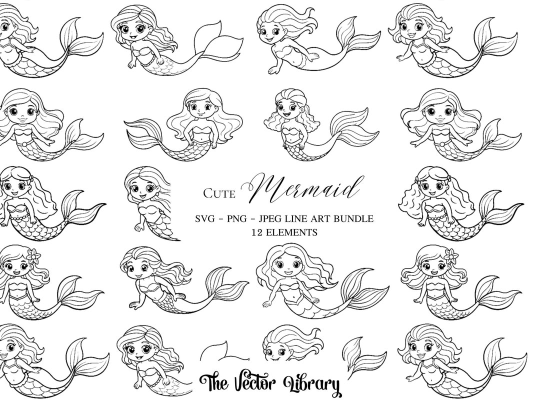 Cartoon Cute Mermaid Line Art 12 Files SVG Bundle, Magical Fairytale ...