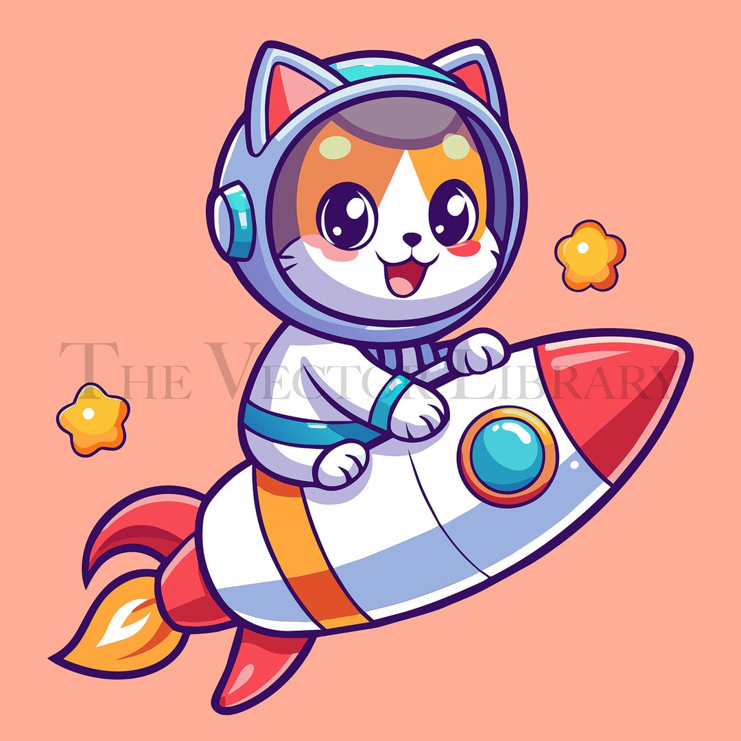 Cat Astronaut on Rocket Ship Clipart for Space, Cute Kitten Explorer in ...