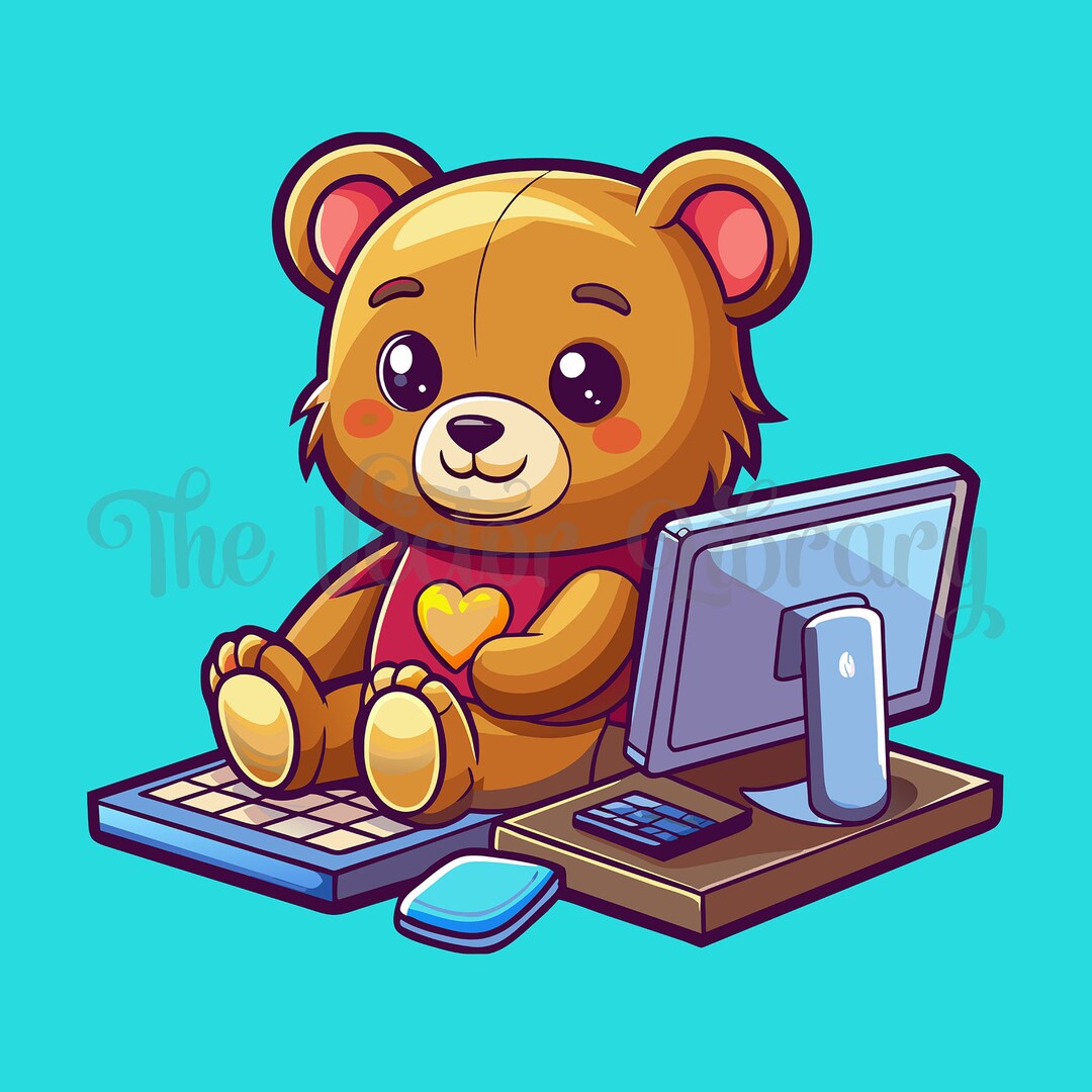 Bear Working on PC Clipart,teddy Bear at Computer Desk,teddy Bear ...