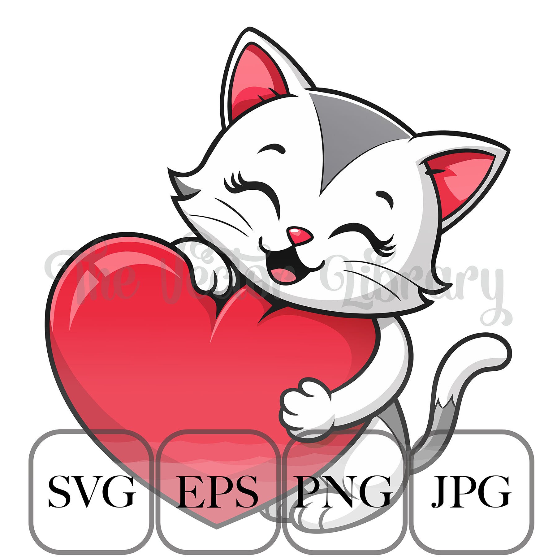 Kitten Embracing Heart Love Clipart, Cute Cat With Big Red Heart, Kitty ...