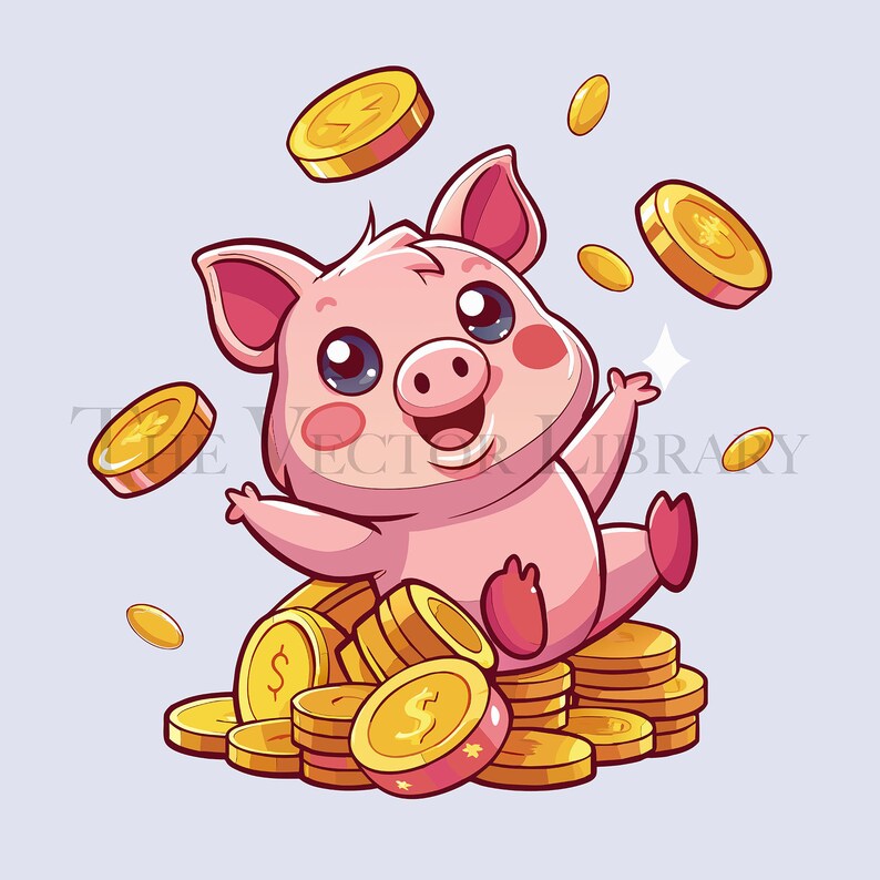 Wealthy Piglet With Gold Coins Pink Piggy and Money Pile Piggy Bank ...