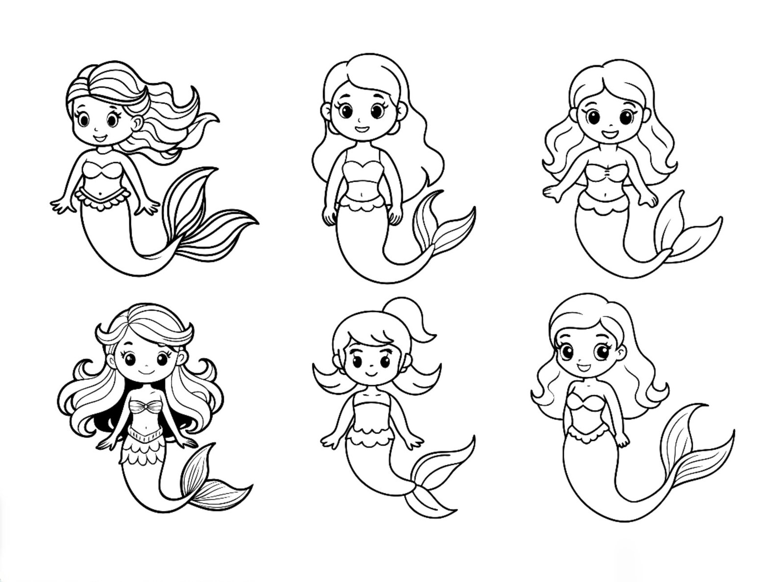 Cartoon Cute Mermaid Line Art 12 Files SVG Bundle, Magical Fairytale ...