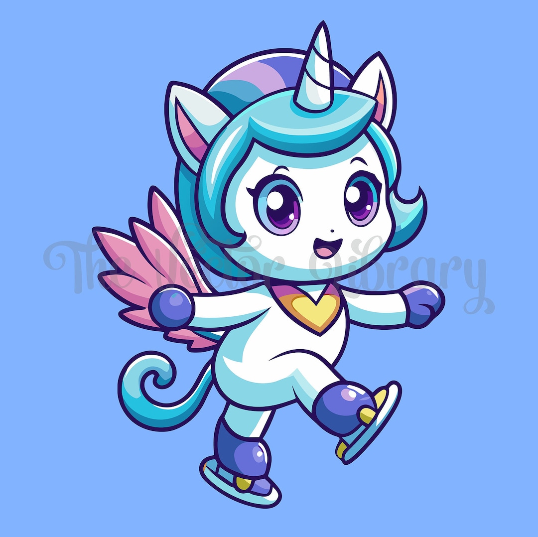 Cartoon Unicorn Ice Skating Clipart, Chibi Unicorn on Ice Skates ...