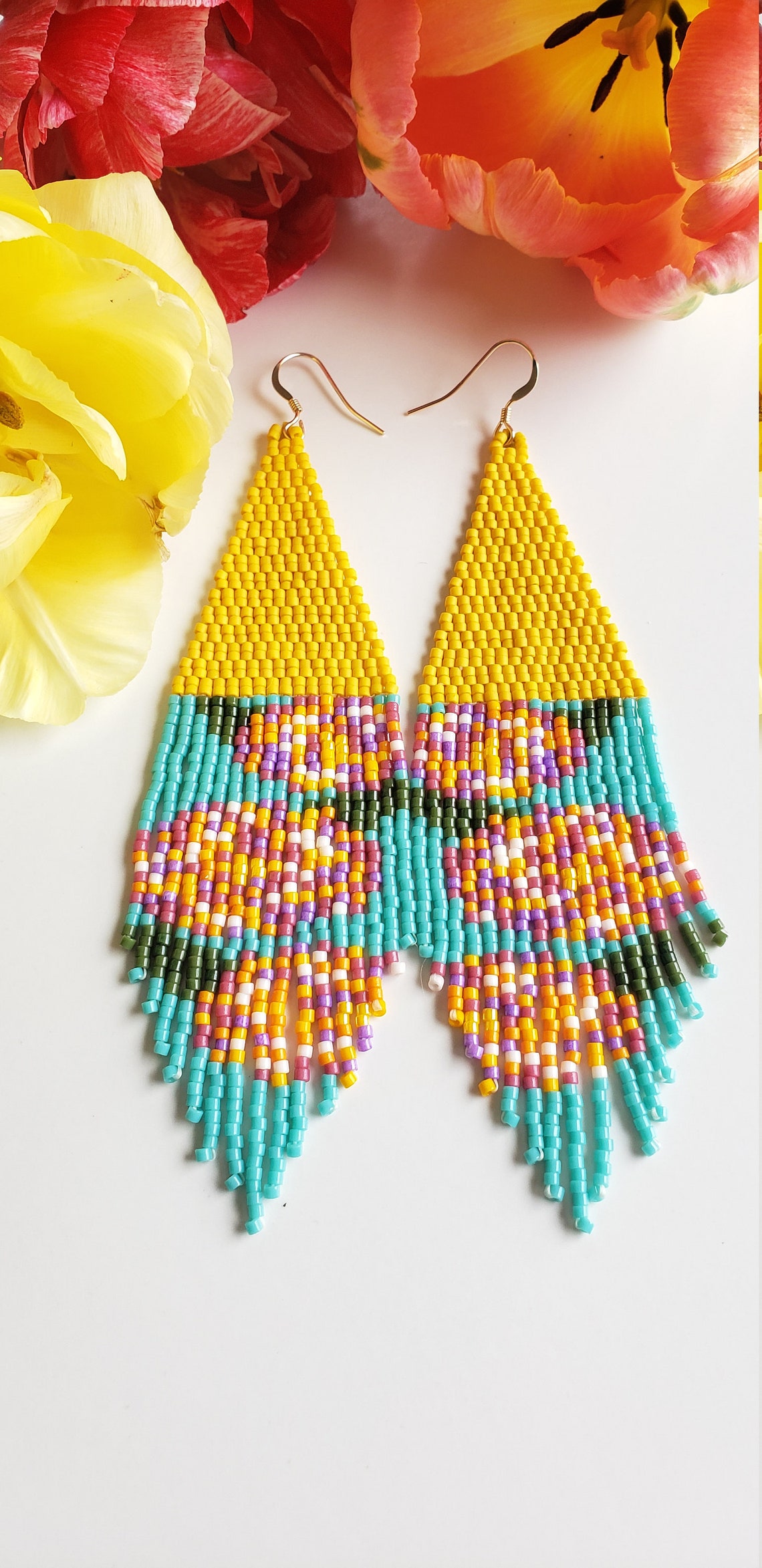 Spring Flowers. Handwoven earrings. Seed bead earrings. Fringe | Etsy