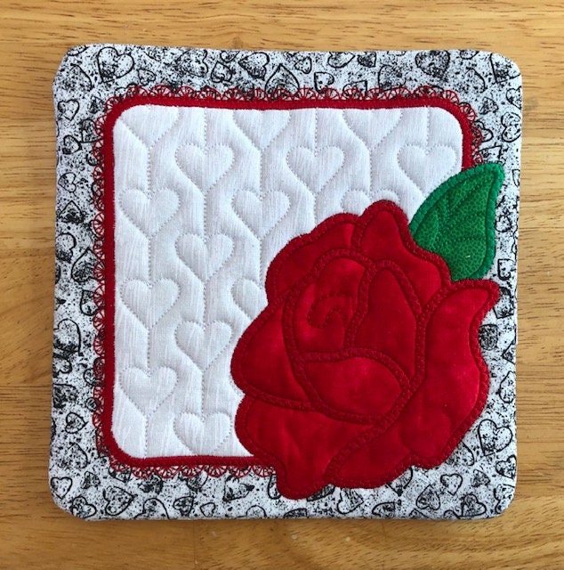 Embroidered Coaster With Red Rose - Etsy