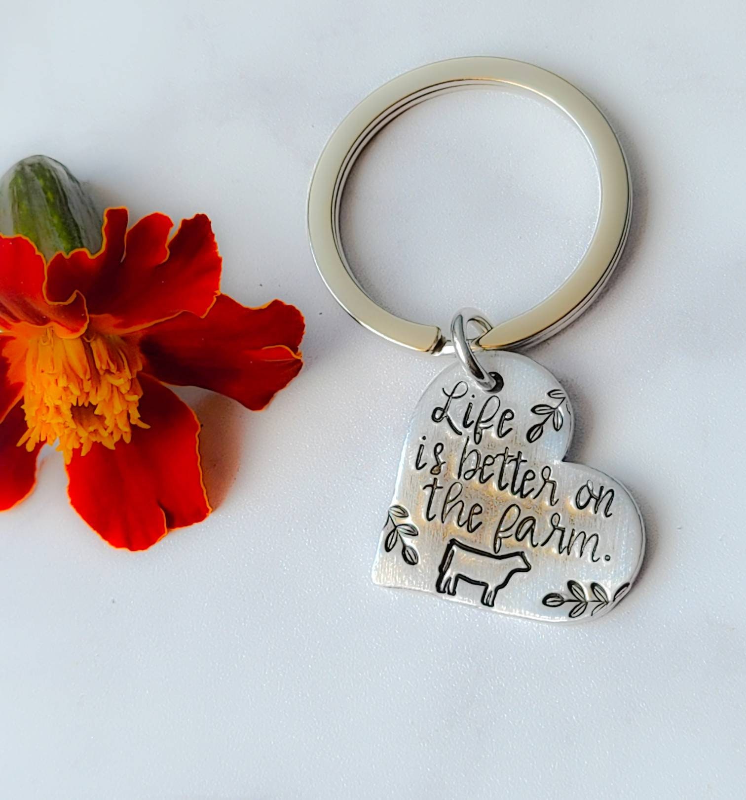Hand Stamped Heart Keychain, Life is Better on the Farm, Cow Design - Etsy