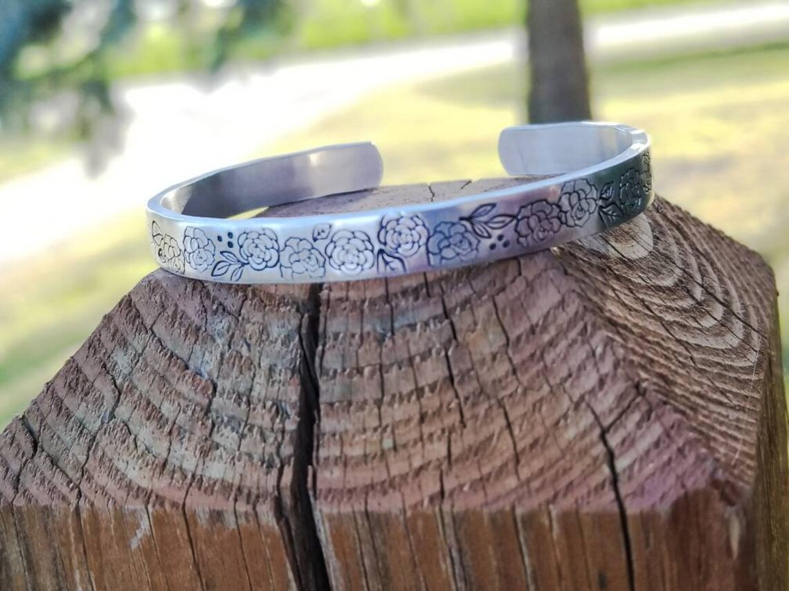 Floral Rose Cuff Bracelet Hidden Message Cuff Life is Tough | Etsy