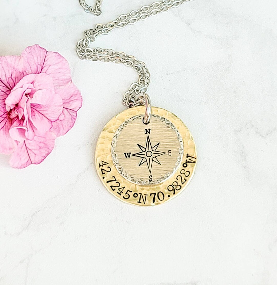 Hand Stamped Compass Necklace, Personalized Coordinates, Graduation ...
