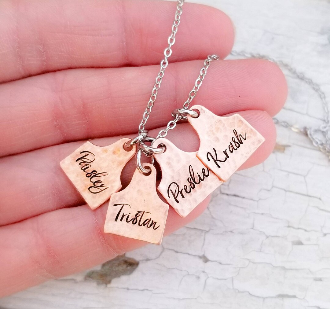 Textured Tiny Ear Tag, Mixed Metal Tag, Multiple Ear Tags, Cow Necklace ...