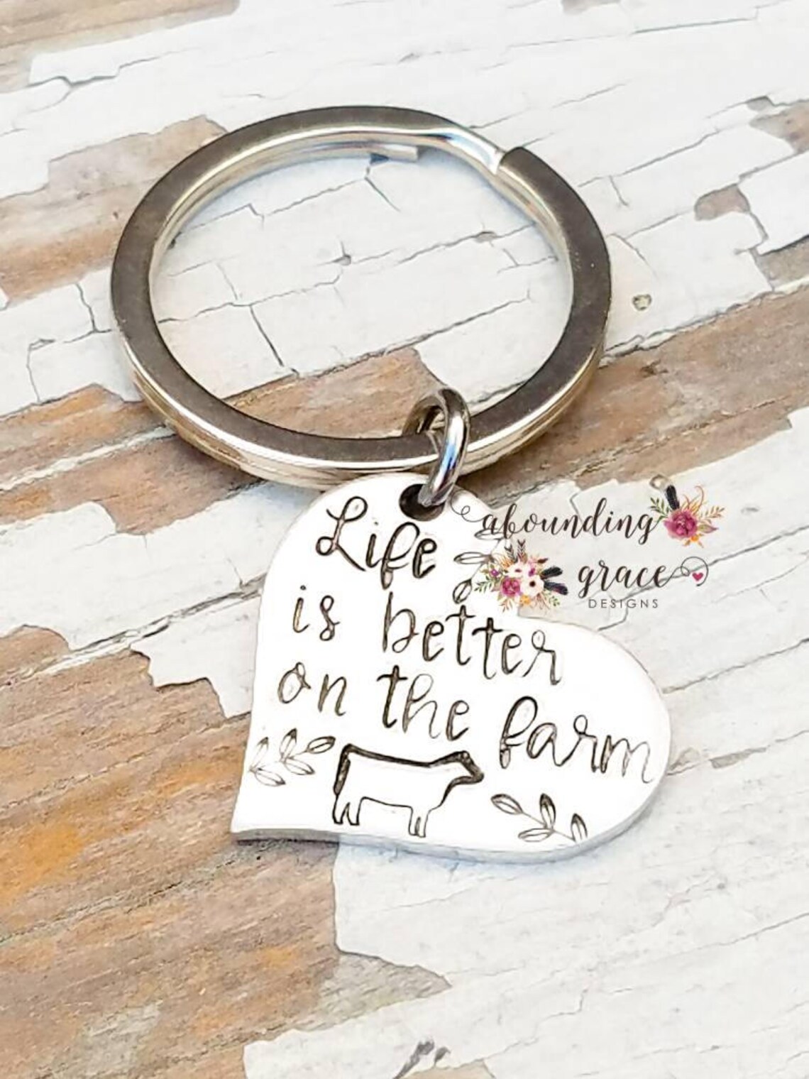 Hand Stamped Heart Keychain, Life is Better on the Farm, Cow Design - Etsy