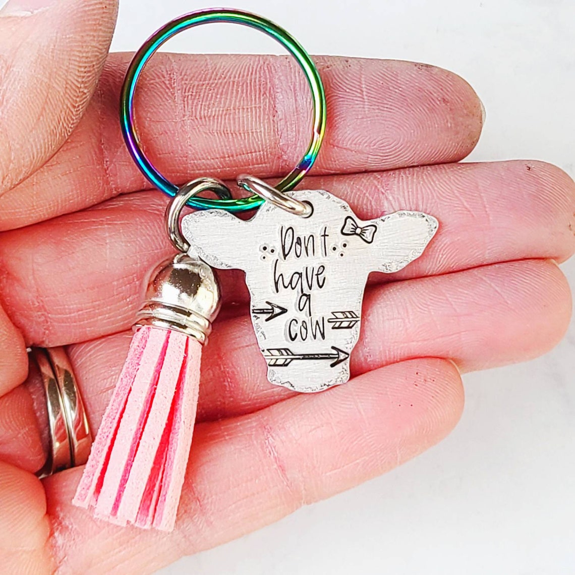 Hand Stamped Cow Keychain, Tassel Ear Tag, Personalized Farm Gift - Etsy