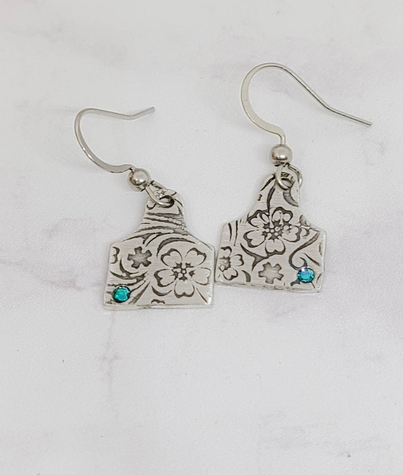 Floral ear tag earrings cattle tag earrings personalized | Etsy