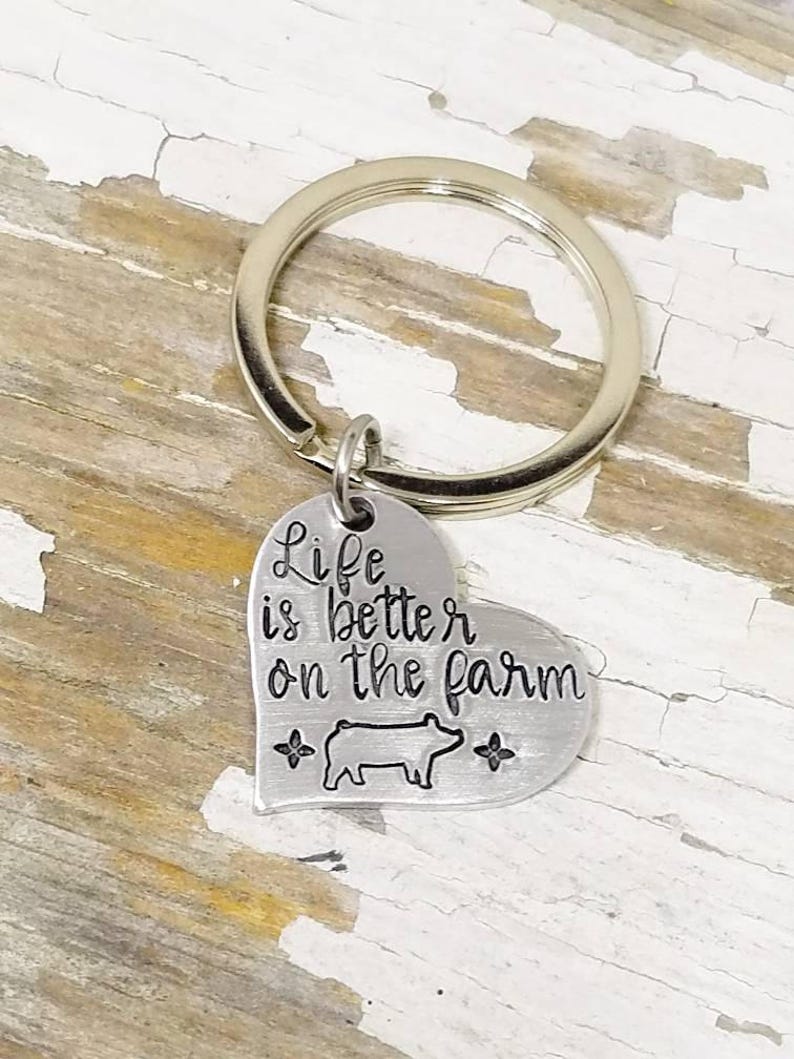 Hand Stamped Heart Keychain, Life is Better on the Farm, Cow Design - Etsy